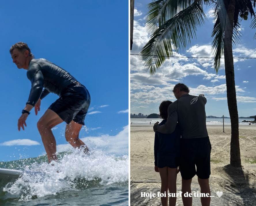 Filho de Sandy pratica surf com o pai, Lucas Lima
