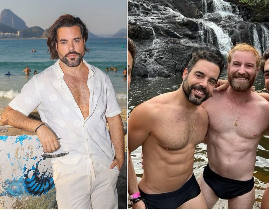 Pedro Carvalho, de 'Fuzuê', posa com o marido em viagem pela Bahia