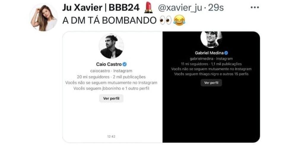 Caio Castro e Medina mandam mensagem para eliminada do 'BBB 24' e perfil expõe: 'Mancada'