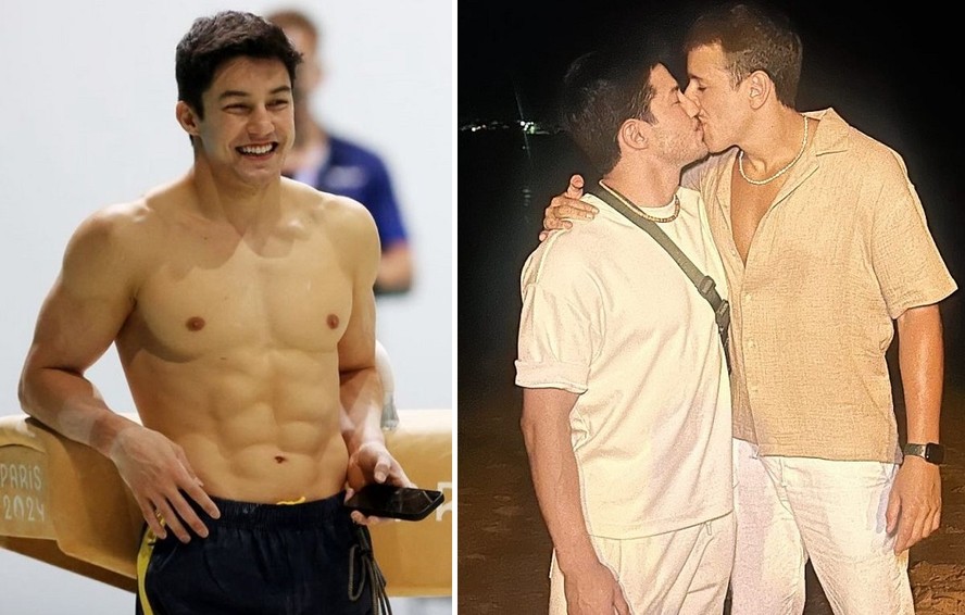 Ginasta Arthur Nory dá beijão no namorado no Réveillon