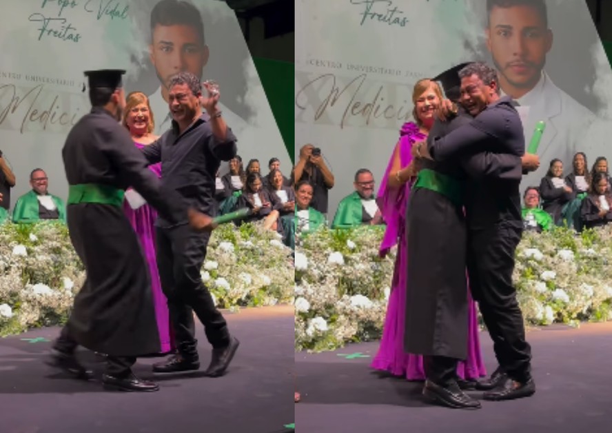 Popó se emociona e vai às lágrimas em formatura do filho médico; veja o ...
