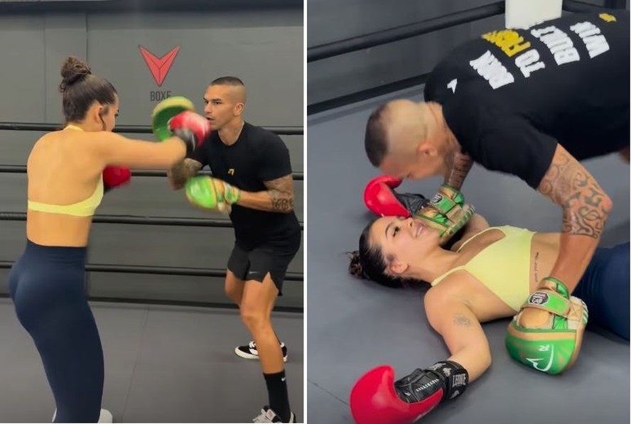 Mel Maia assume namoro com campeão brasileiro de boxe durante treino e pede beijo: vídeo