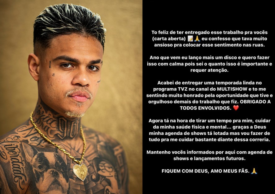 MC Cabelinho anuncia que irá se afastar das redes sociais: 'Cuidar da ...