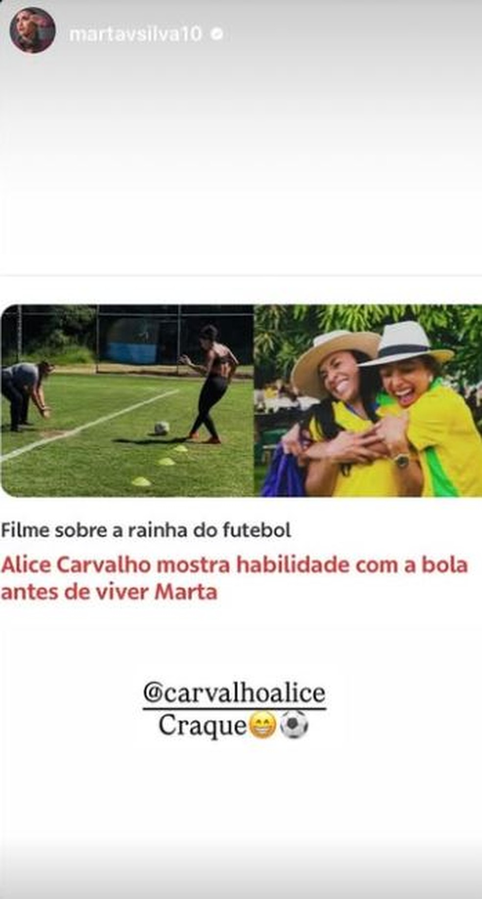 Gravando filme sobre Marta, Alice Carvalho ganha elogio da jogadora ...