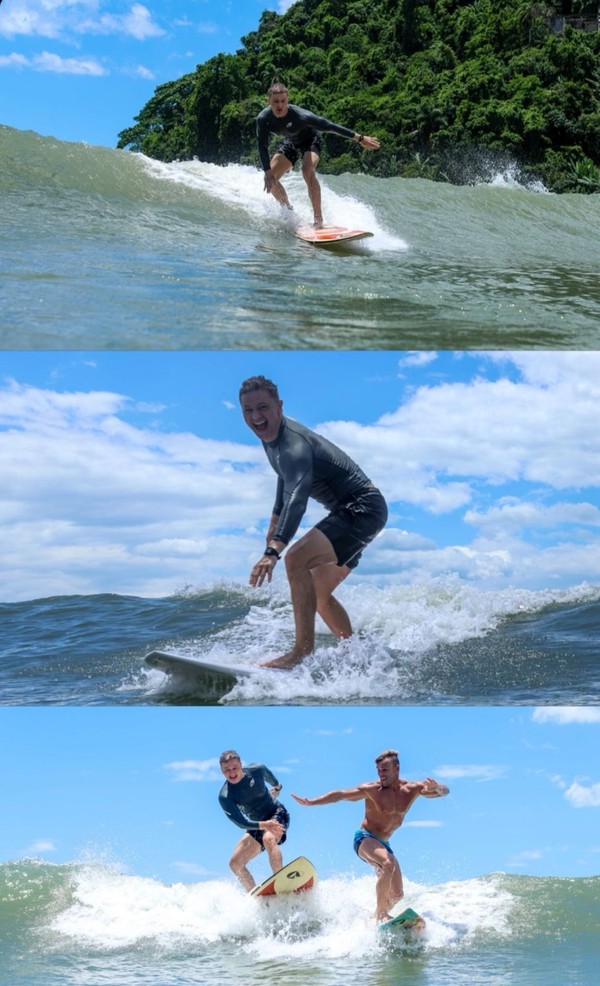 Filho de Sandy pratica surf com o pai, Lucas Lima