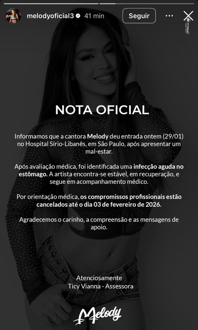 Cantora Melody é internada às pressas e cancela shows