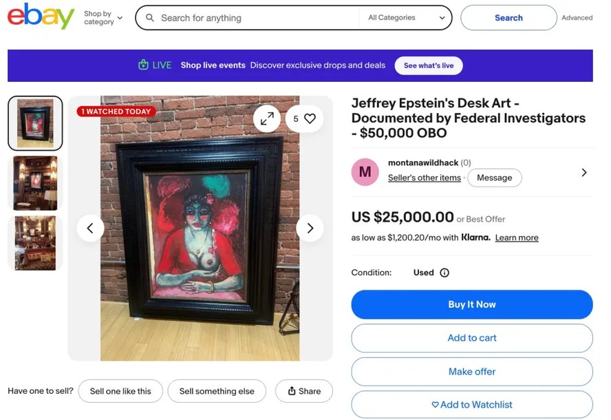 Pintura fotografada em escritório de Epstein é posta à venda nos ...