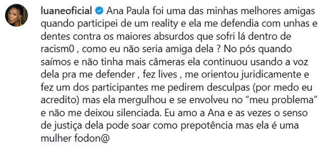 Ex-'Fazenda', Luane Dias defende Ana Paula, do 'BBB 26', após ...